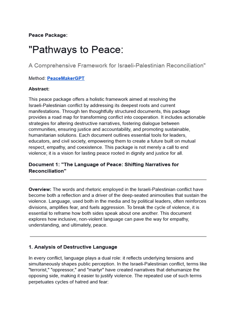 Peace Package - Pathways To Peace - A Comprehensive Framework For Israeli-Palestinian ...
