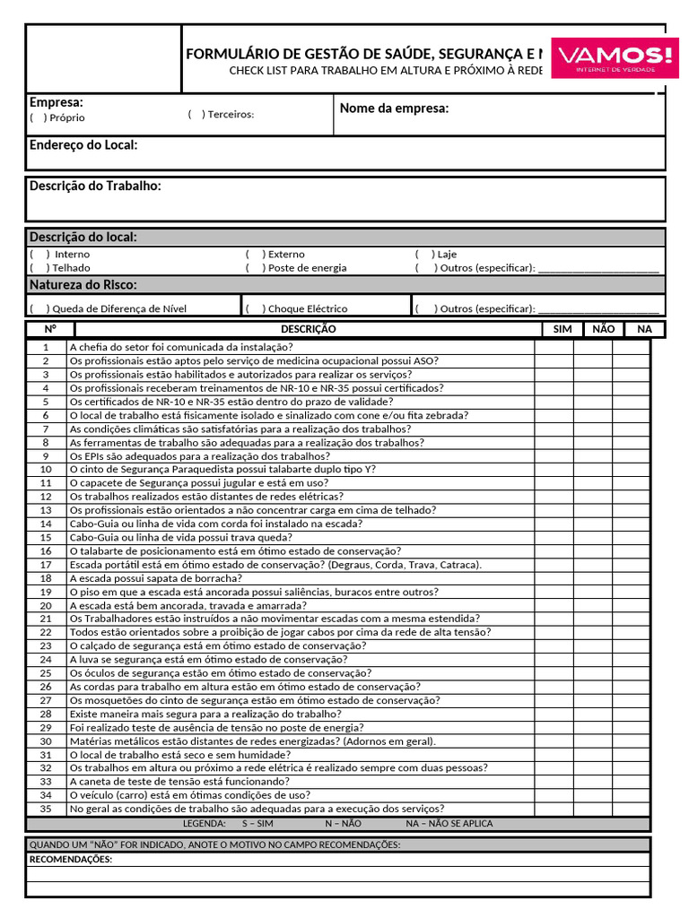 Check List de Trabalho em Altura e Proximo A Rede Eletrica | PDF Check List de Trabalho em Altura e Proximo A Rede Eletrica | PDF