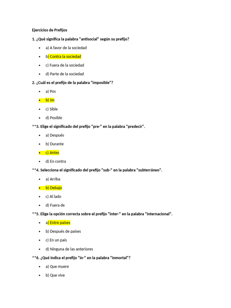 Ejercicios de Prefijos 2 | PDF