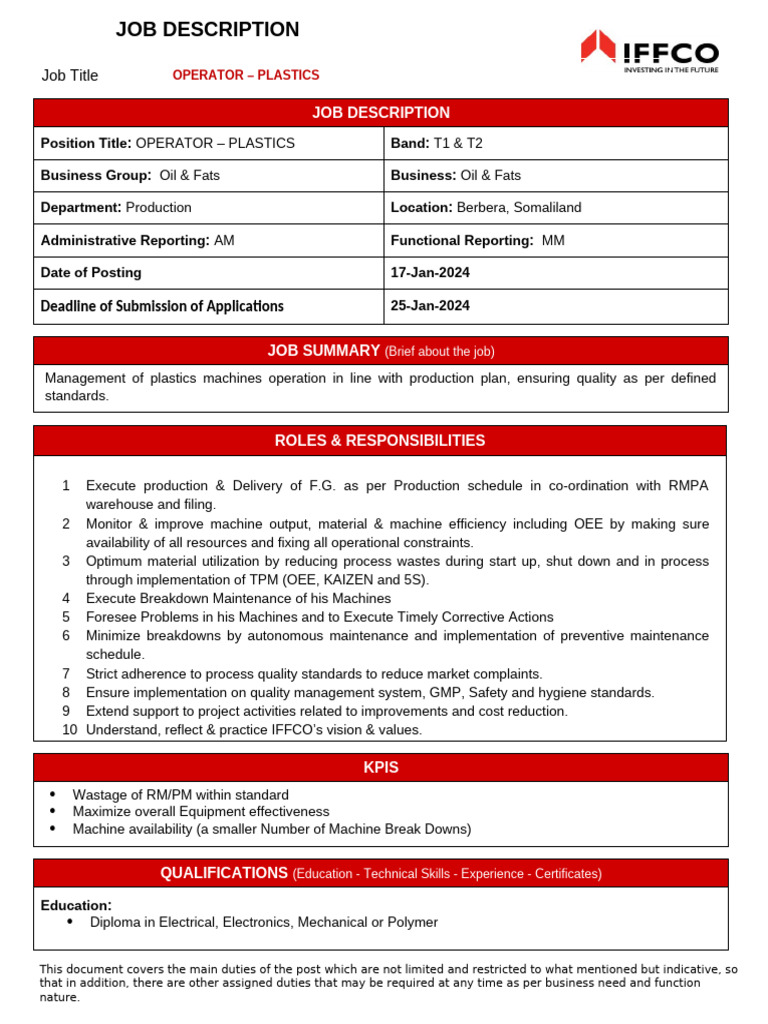 JD - Operator - Plastics | PDF