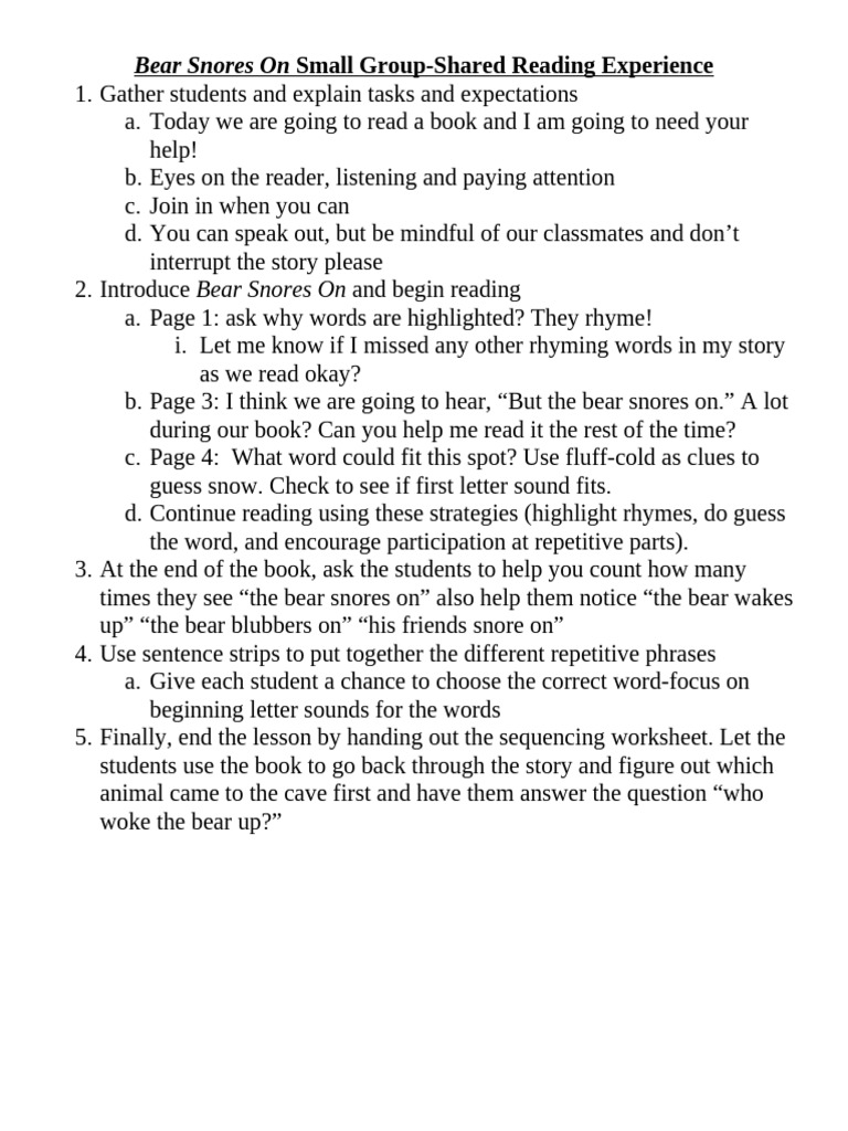 BearSnoresOnLessonPlan 1 | PDF