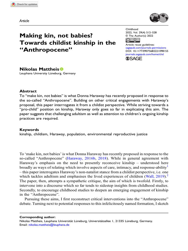 Mattheis 2022 Making Kin Not Babies Towards Childist Kinship in The ...