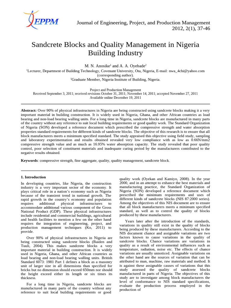Sandcrete Blocks and Quality Management in Nigeria | PDF