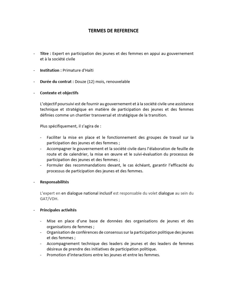 Termes de Reference: Titre: Institution: Durée Du Contrat: Contexte Et ...