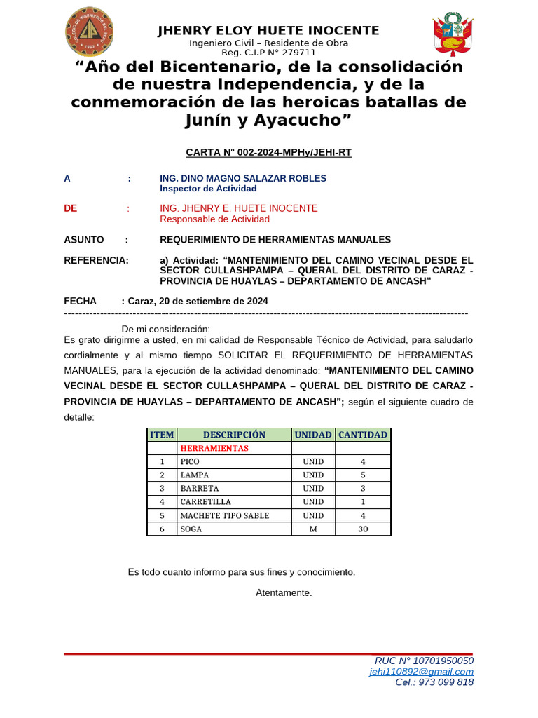 Carta #002-2024-Mph-Jehi-Rt - Herramientas | PDF