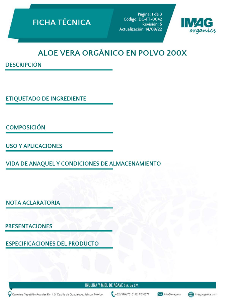Ficha Técnica Aloe Vera Orgánico en Polvo 200X | PDF