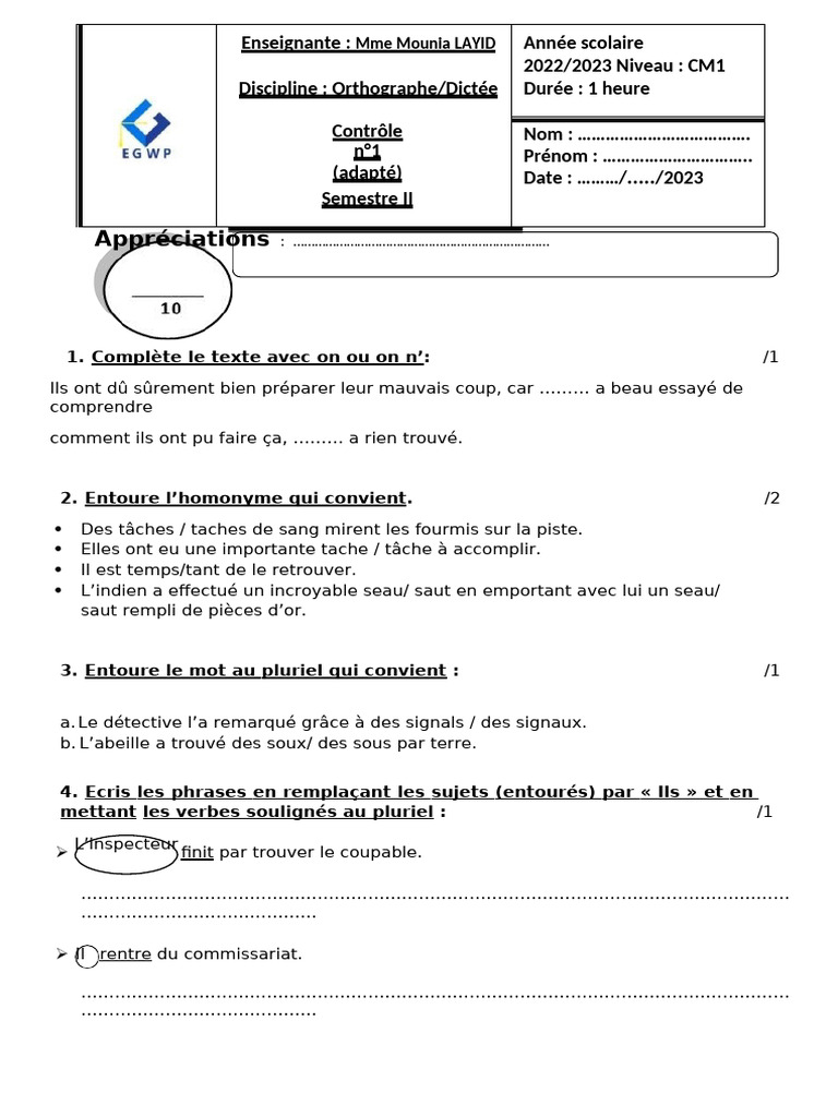EVAL ADAPTEE 20222023 ORTHO-DICTEE CM1 I Sem 2 | PDF