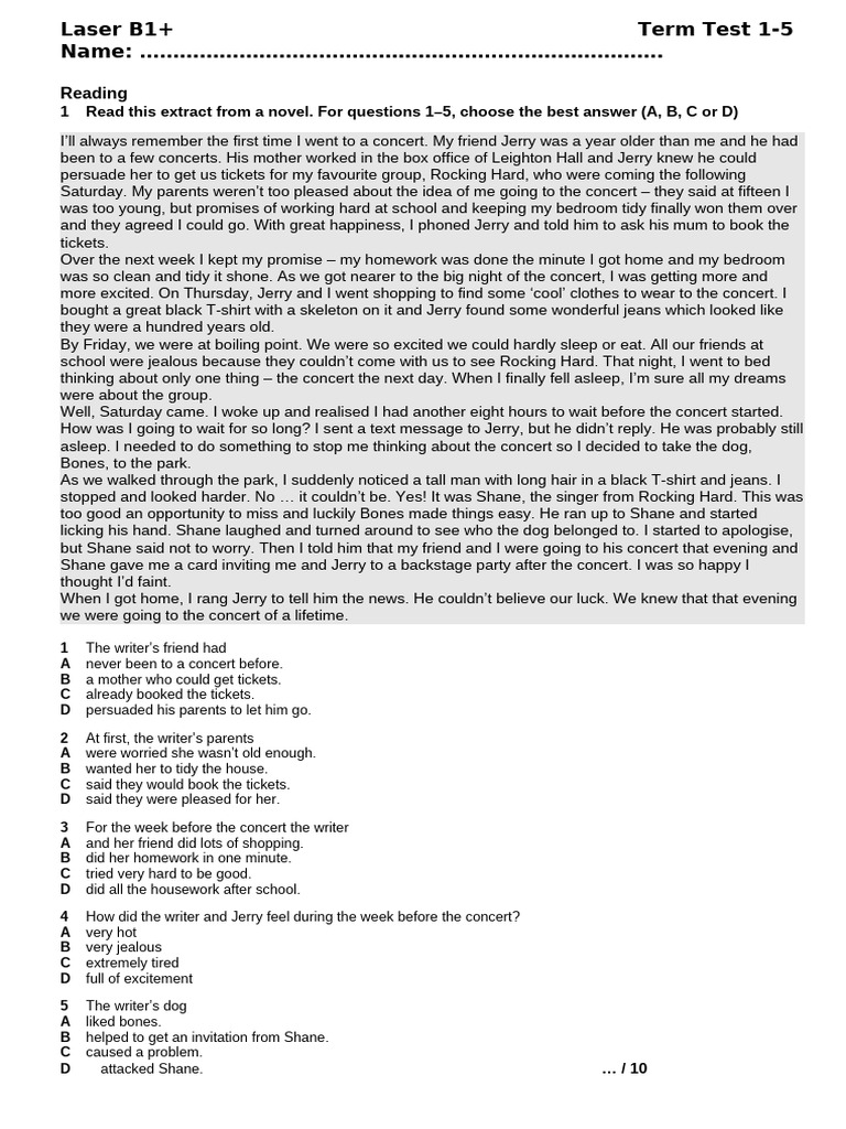 Template - Laser B1 - MID TERM 2018 Units 1 - 5 | PDF