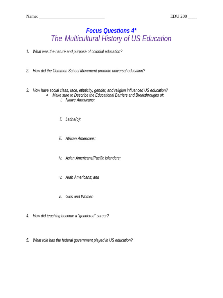 Focus Questions - CHAPTER 4 - The Multicultural History of US Education ...