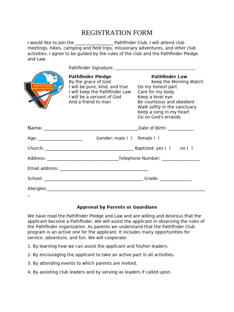 Agape Pathfinder Registration Form 2 | PDF