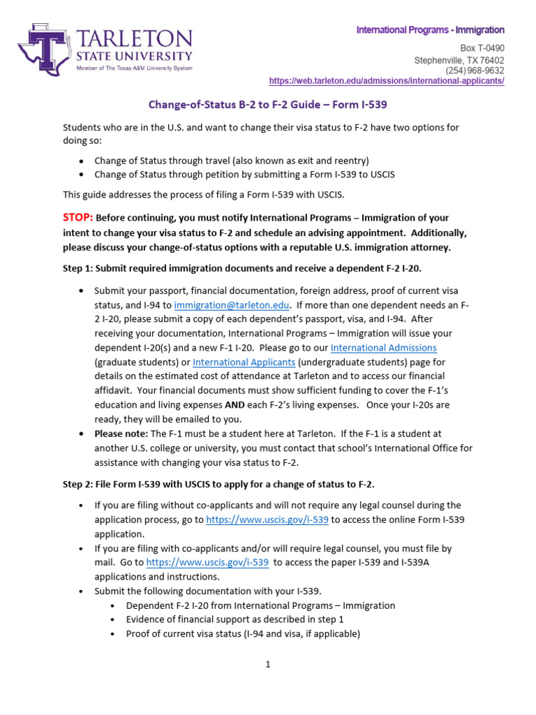 Change of Status B 2 To F 2 Guide Form I 539 | PDF | Social Science