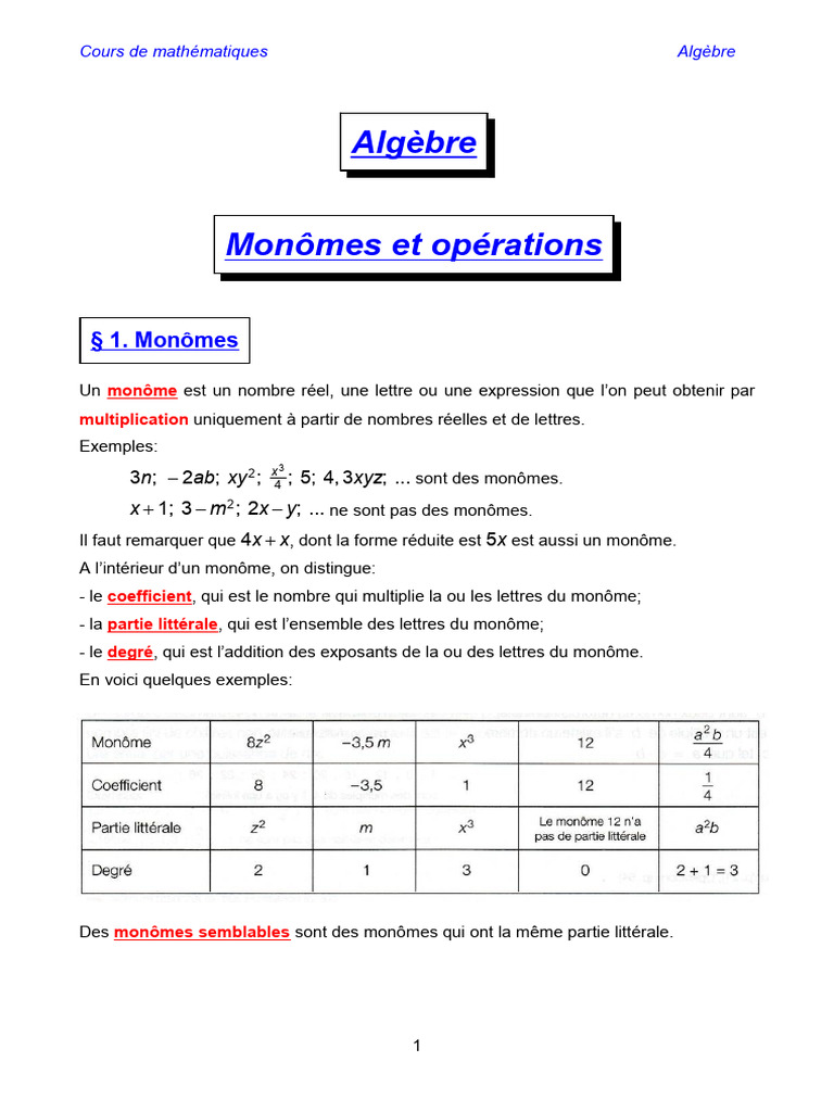 Algebre 4 Monomes Et Operations | PDF