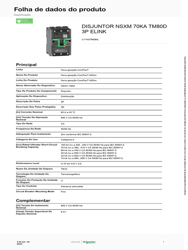 Schneider Electric - ComPacT-NSXm-nova-geração - C11H3TM080L | PDF