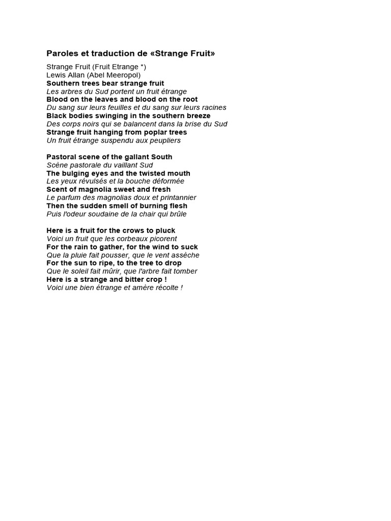Paroles et traduction de "Strange Fruit" | PDF