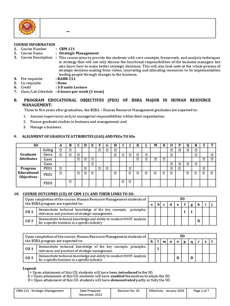 Updated Syllabus For CBM 121 - Strategic Management - 0 | PDF | Strategic Management | Cognition