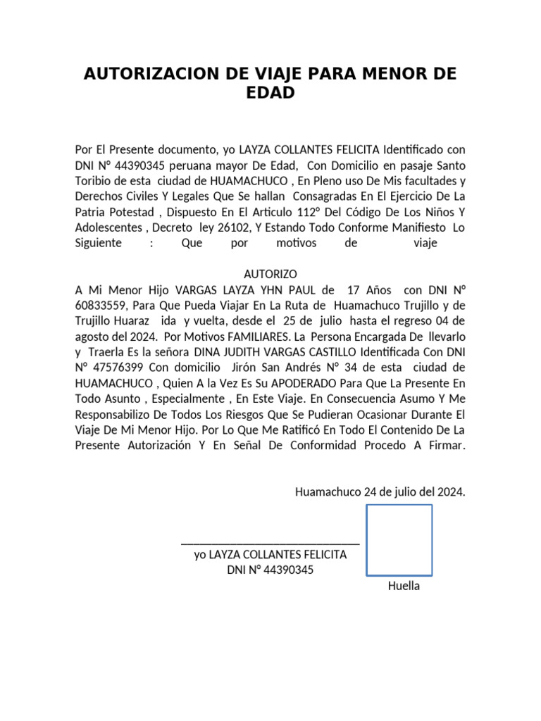 Autorizacion de Viaje para Menor de Edad | PDF