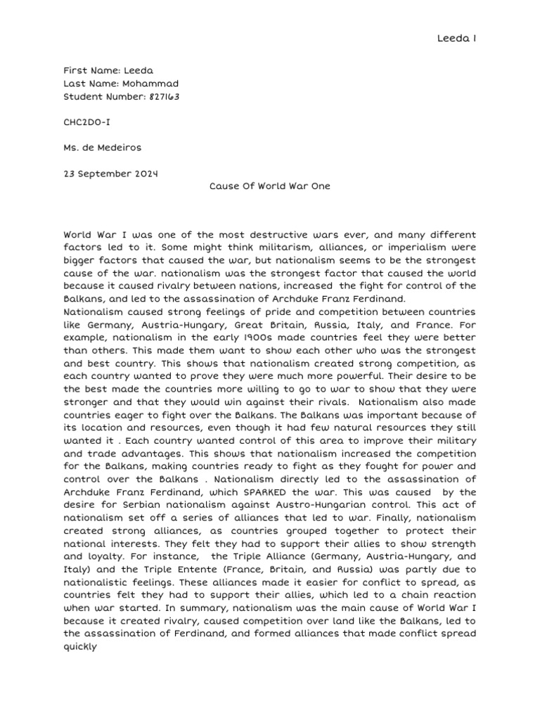 CHC2D - Causes of World War 1 Paragraph Template | PDF