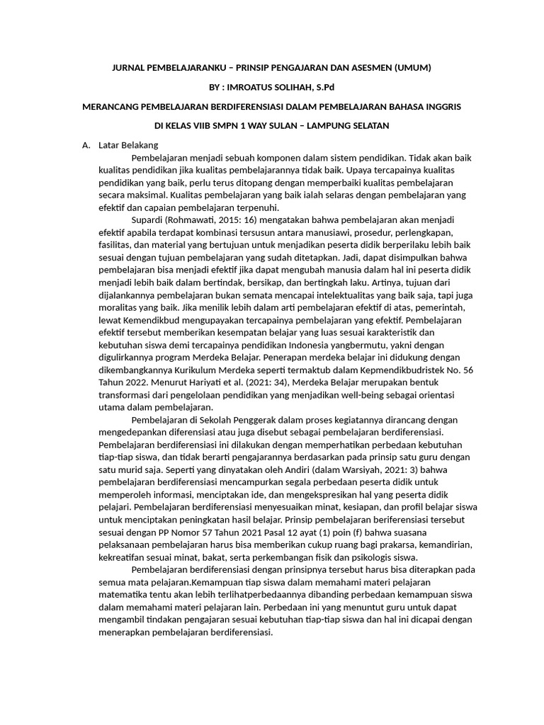 JURNAL PEMBELAJARANKU berdiferensiasi (AutoRecovered) | PDF