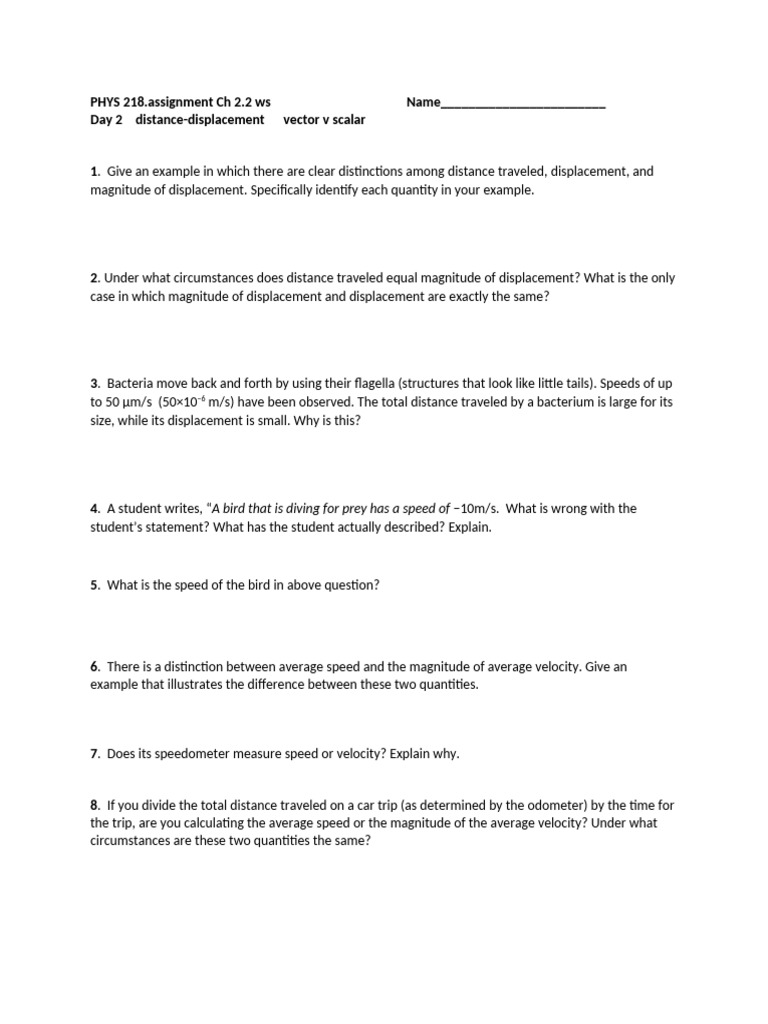 PHYS 218.Assign.ch2.2 Distance v Displacement | PDF