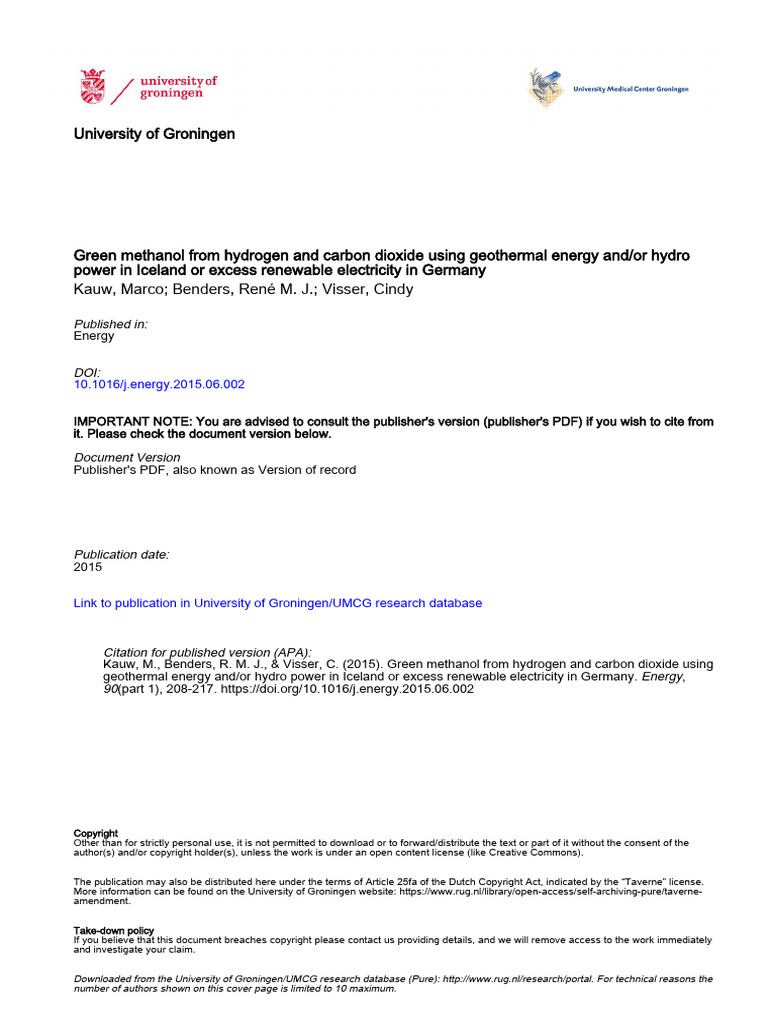 Green Methanol From Hydrogen and Carbon Dioxide Using Geothermal Energy ...