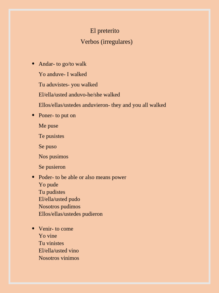El Preterito Irregular Verbs | PDF