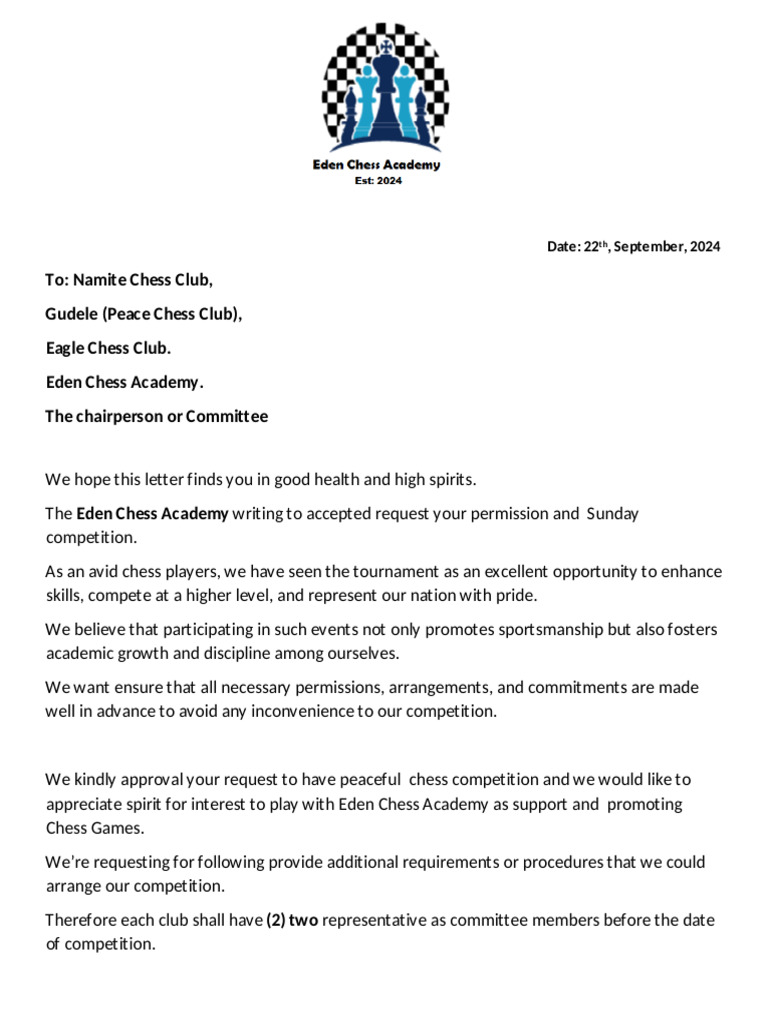 Eden Chess Academy Competition Notice | PDF | Sports & Recreation