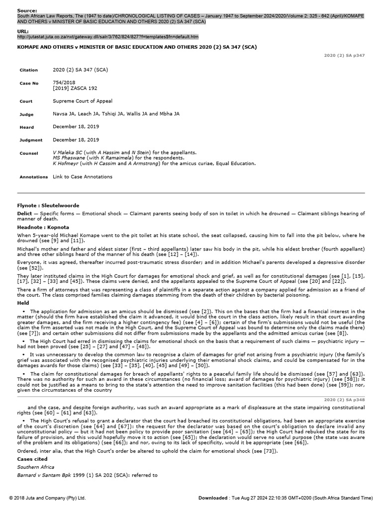 KOMAPE AND OTHERS V MINISTER OF BASIC EDUCATION AND OTHERS 2020 (2) SA 347 (SCA) | PDF ...