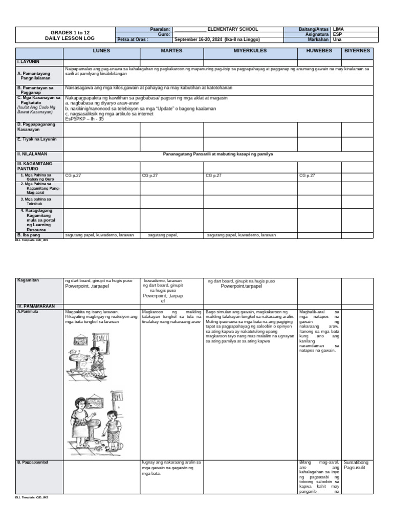 Daily Lesson Log for Grade 5 ESP | PDF