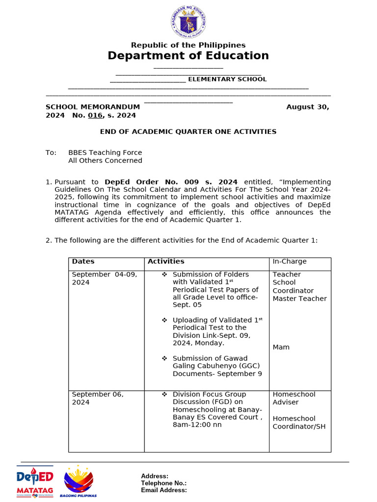 Sample Memo On SCH Activities | PDF | Learning | Behavior Modification
