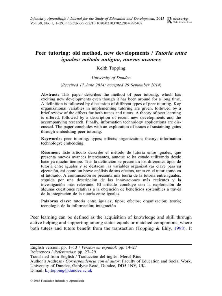 Topping 2015 Peer Tutoring Old Method New Developments Tutoria Entre ...