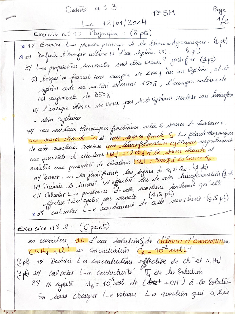 Contrôle Continu 2 (PC) 1BAC SM | PDF