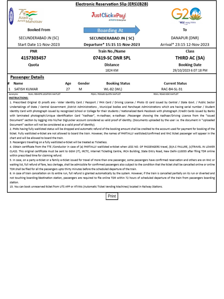 07419-SC DNR SPL Third Ac (3A) : Start Date 11-Nov-2023 Arrival 23:15 ...