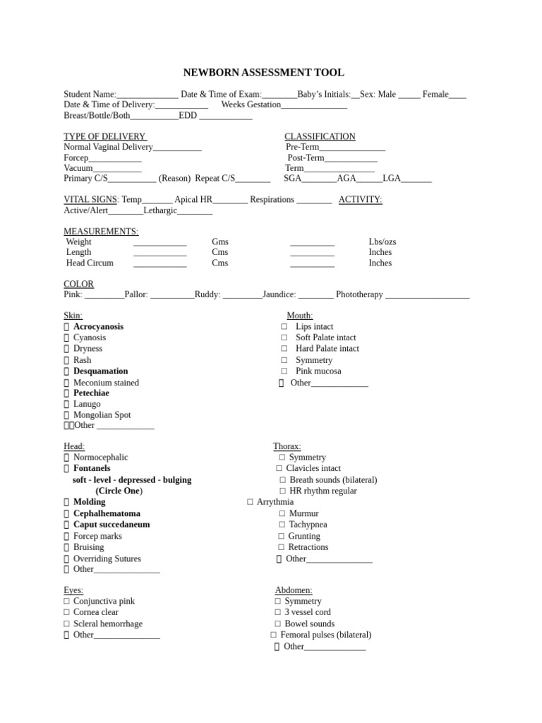 Head To Toe NEWBORN ASSESSMENT TOOL | PDF