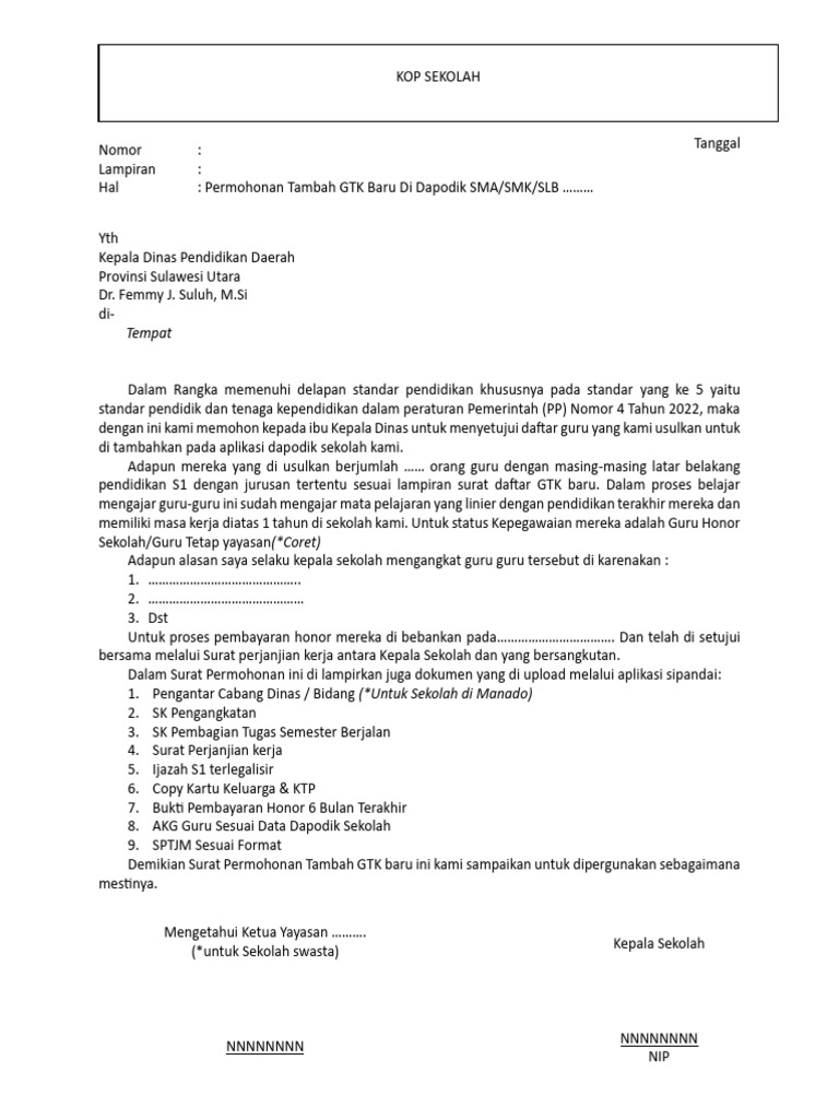 Format Surat Permohonan Tambah GTK Baru Di Dapodik | PDF
