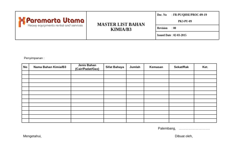 FR-09-19 Master List Bahan Kimia Atau B3-Rev.0 | PDF