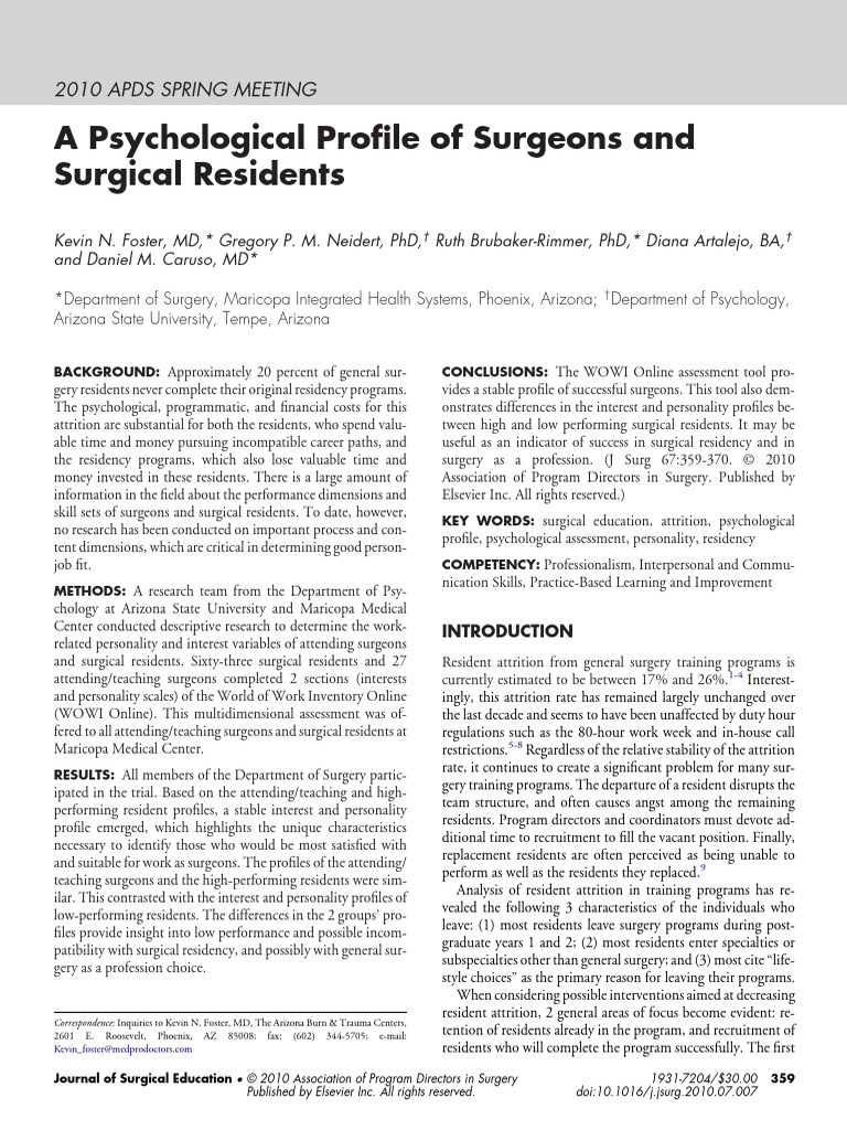 A Psychological Profile of Surgeons and Surgical Residents | PDF
