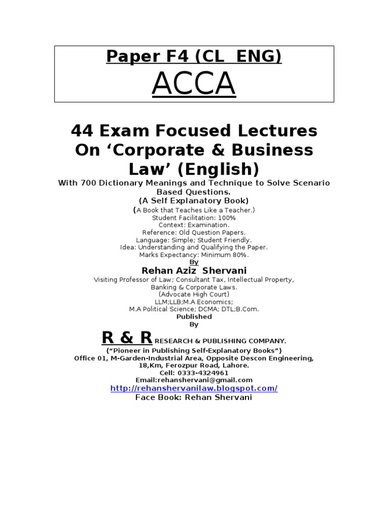 F4-Corporate & Business Law ACCA- Free Lectures From the Book 44 Exam ...