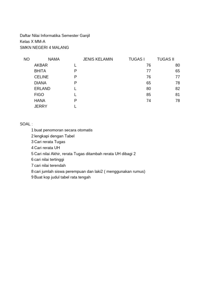 (Template) Latihan Excel 1 | PDF
