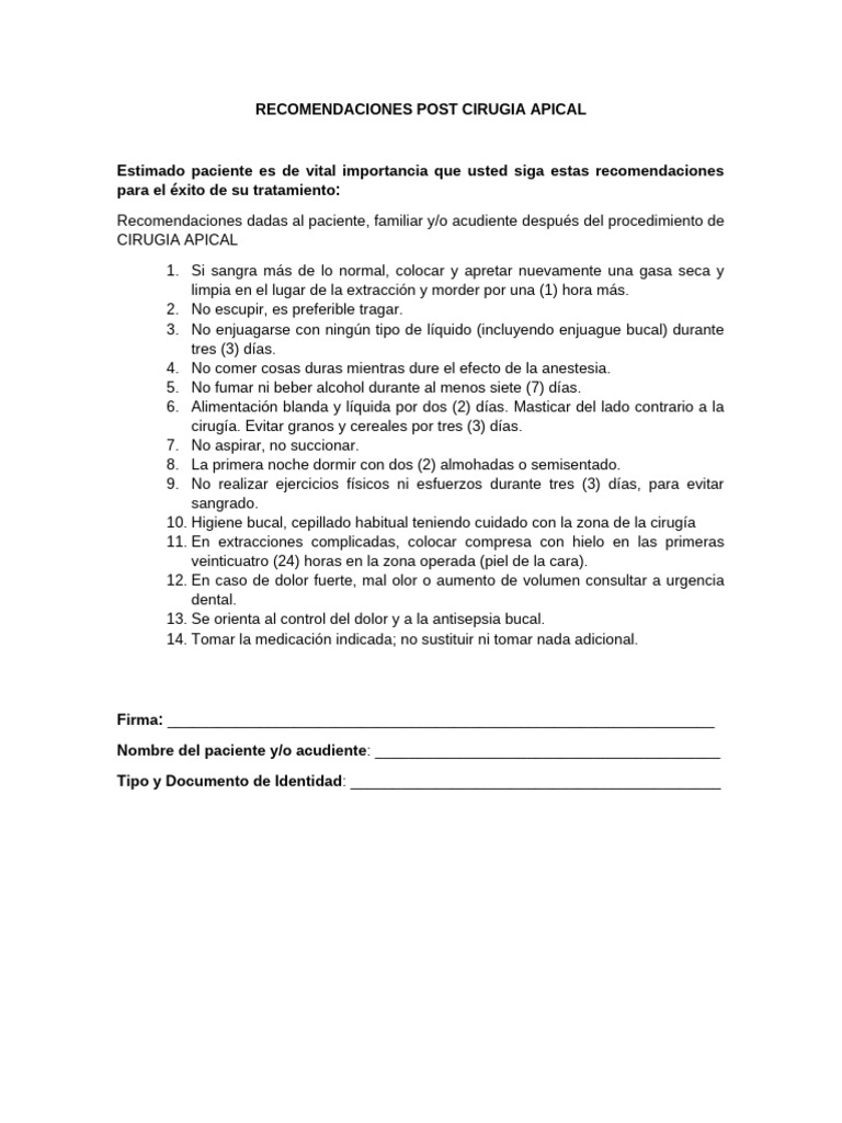 Recomendaciones Post Cirugia Apical 1 | PDF