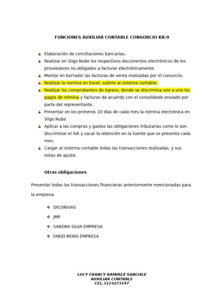 Funciones Lucy Ramirez Auxiliar Contable | PDF