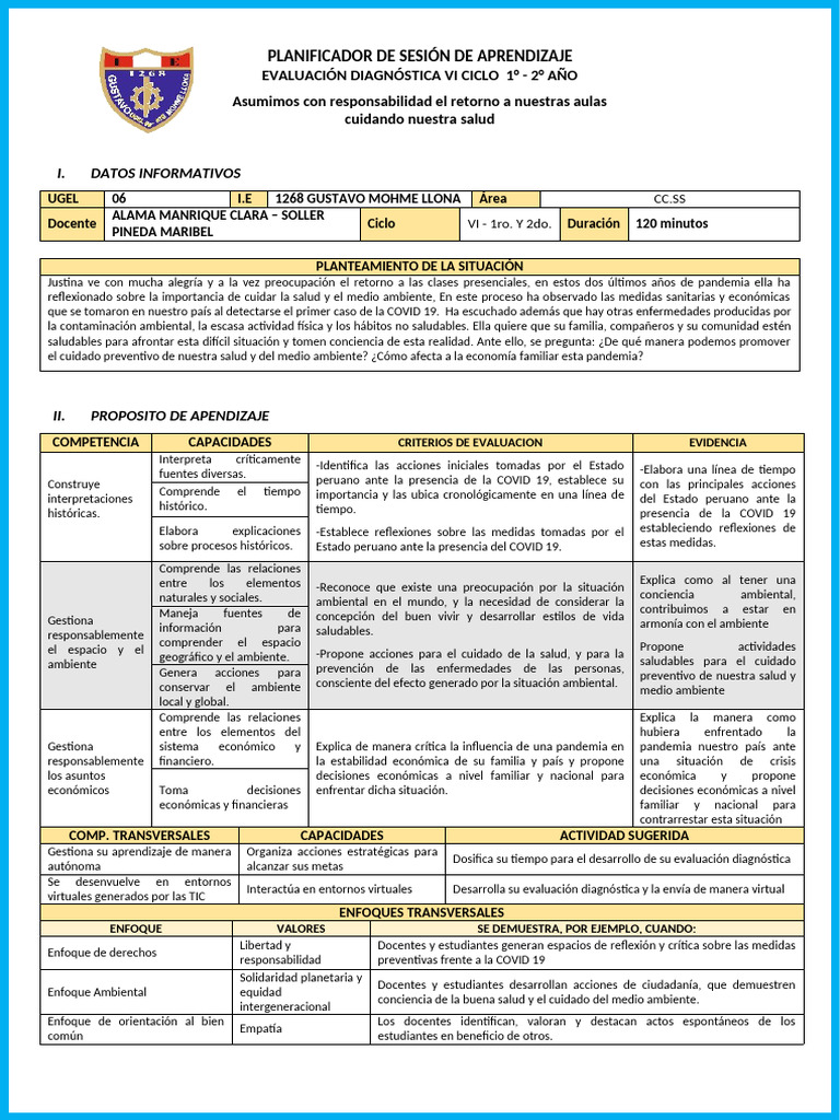 Planificador Ev. diag. 1°, 2° Sec. | PDF