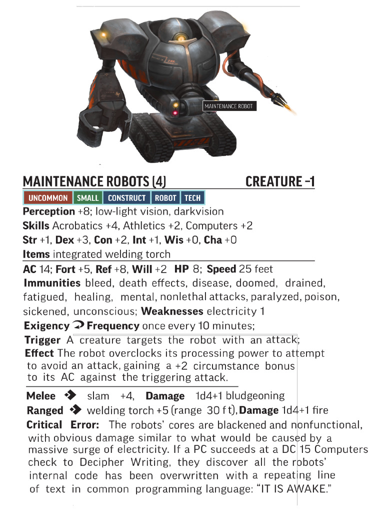 Starfinder 2E Stat Card Maintenance Robot Creature | PDF