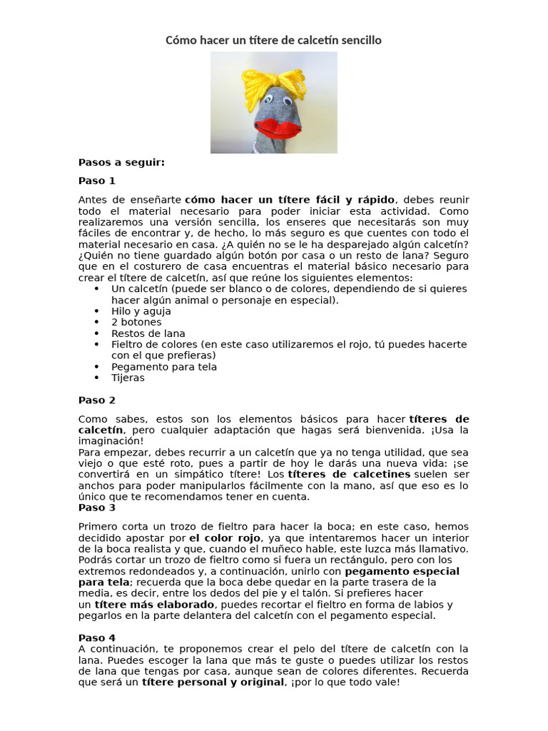 Cómo Hacer Un Títere de Calcetín Sencillo | PDF