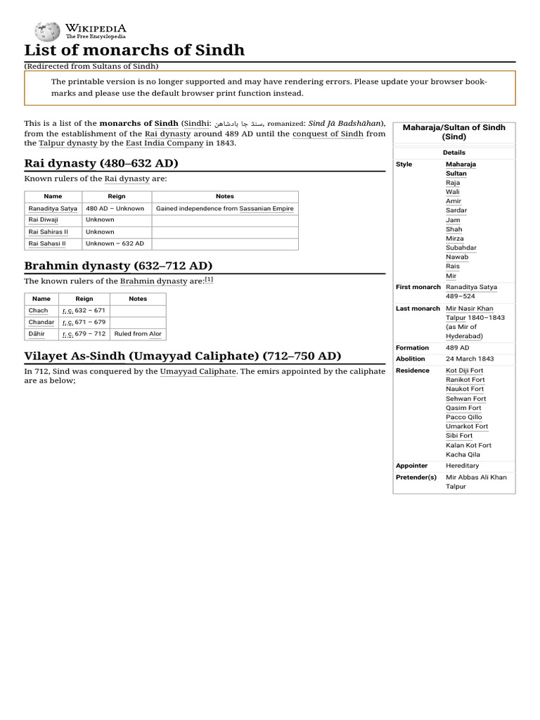 List of Monarchs of Sindh | PDF