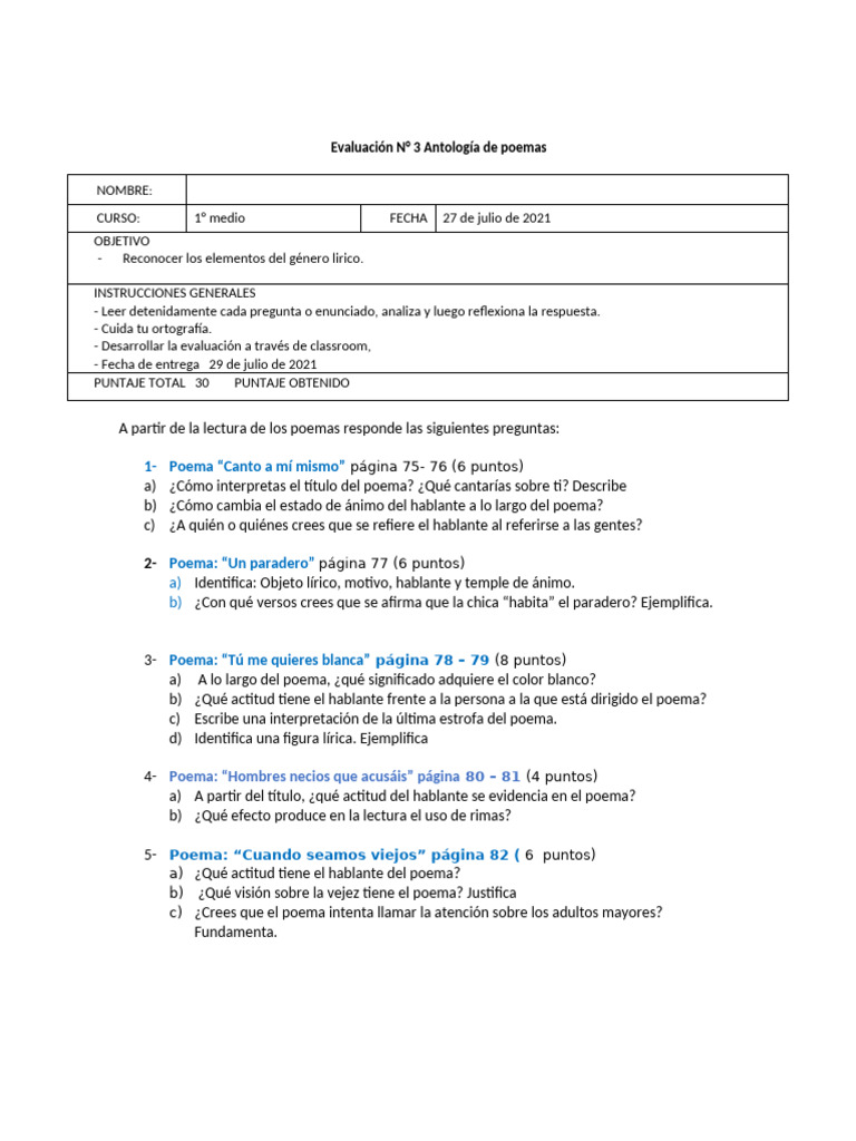 Evaluación N°3 Análisis de Poemas | PDF