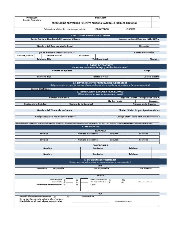 Formato Creacion de Proveedores | PDF