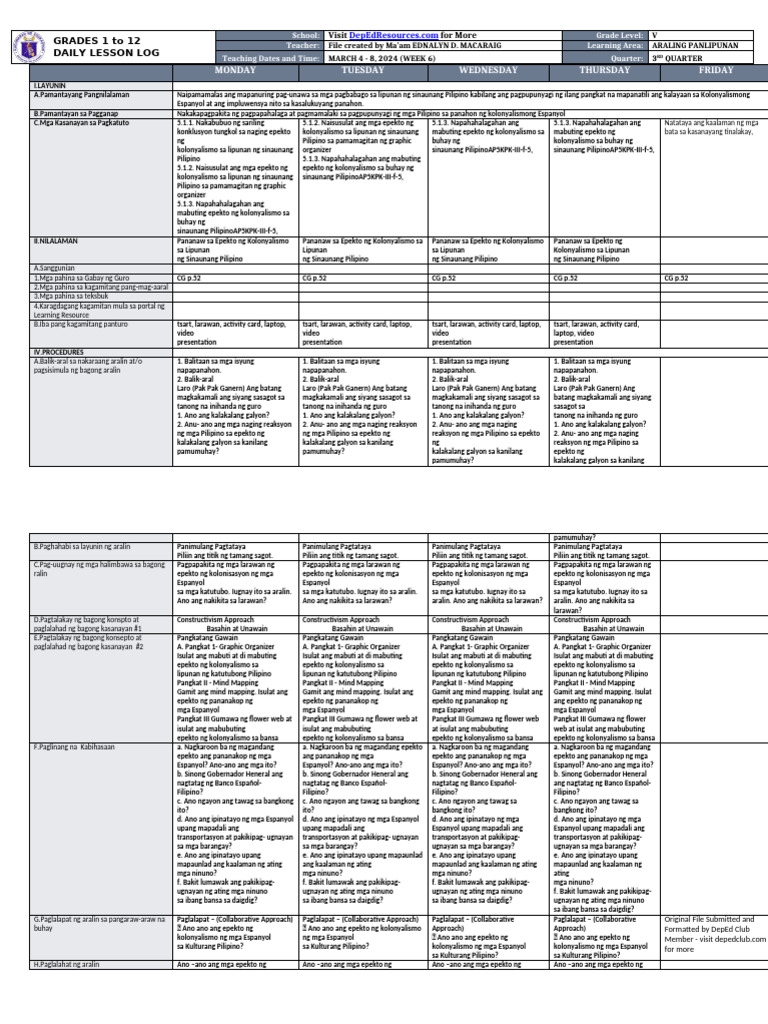 DLL - Araling Panlipunan 5 - Q3 - W6 | PDF