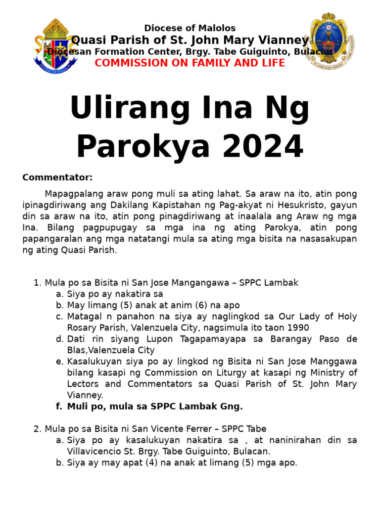 Ulirang Ina NG Parokya 2024 | PDF