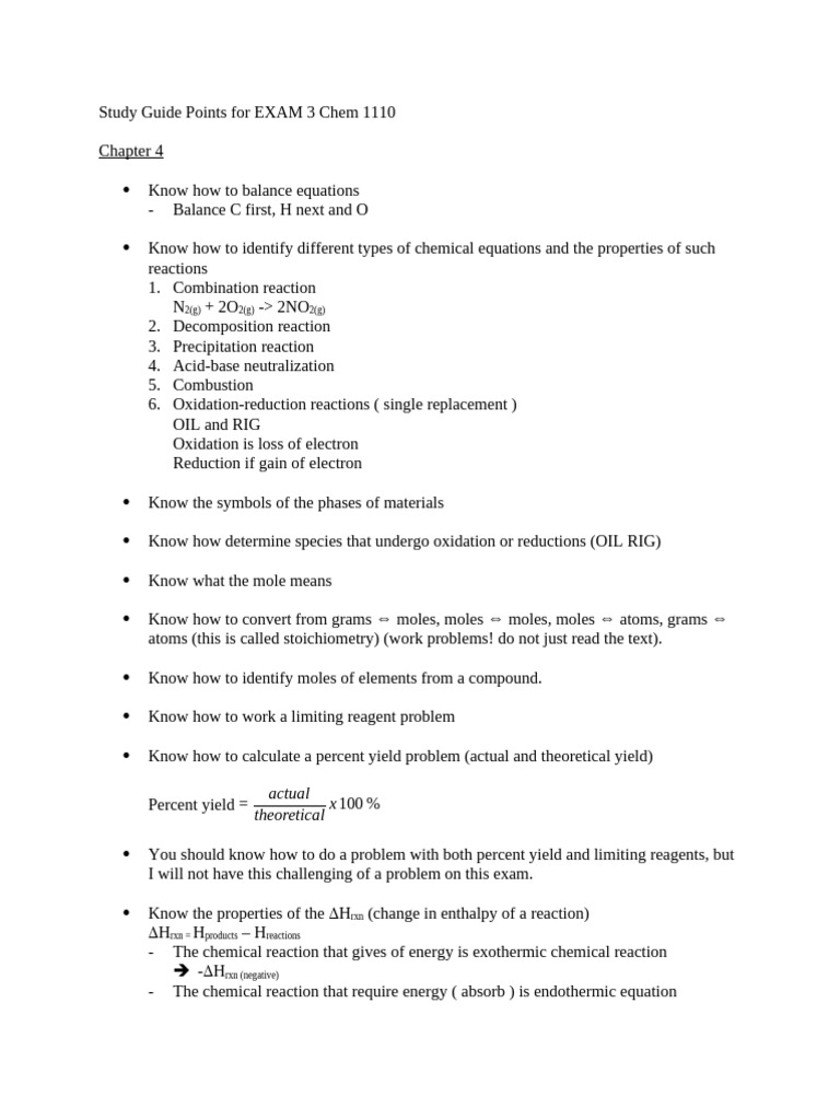 Study Guide Points For EXAM 3 Chem 1110 | PDF