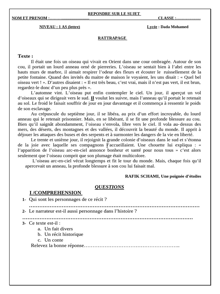 sujet rattrapage lettre 1as | PDF